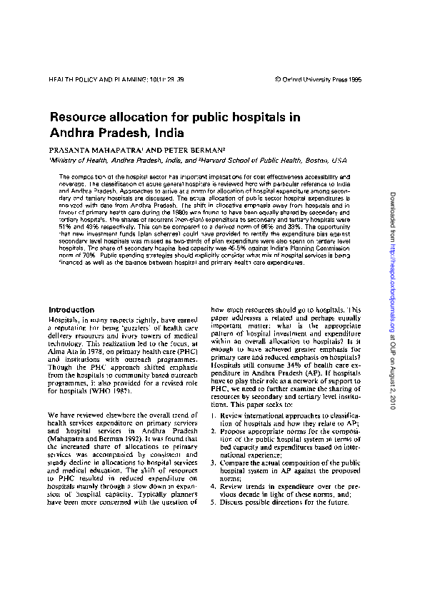 (PDF) Resource allocation for public hospitals in Andhra Pradesh, India