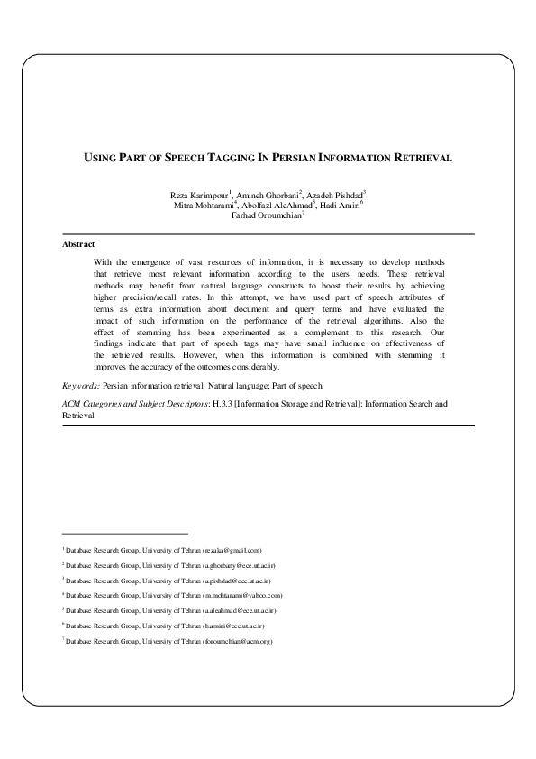 (PDF) USING PART OF SPEECH TAGGING IN PERSIAN INFORMATION RETRIEVAL