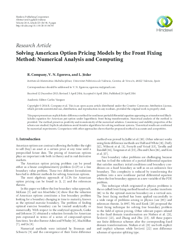 (PDF) Research Article Solving American Option Pricing Models by the Front Fixing Method ...