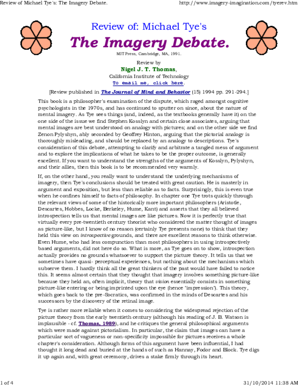 (PDF) Review of 'The Imagery Debate' by Michael Tye'.