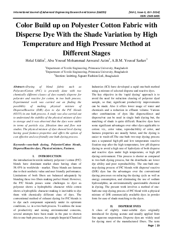 (PDF) Color Build up on Polyester Cotton Fabric with Disperse Dye With ...