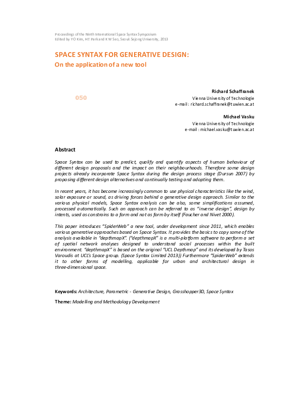 (PDF) SPACE SYNTAX FOR GENERATIVE DESIGN: On the application of a new tool