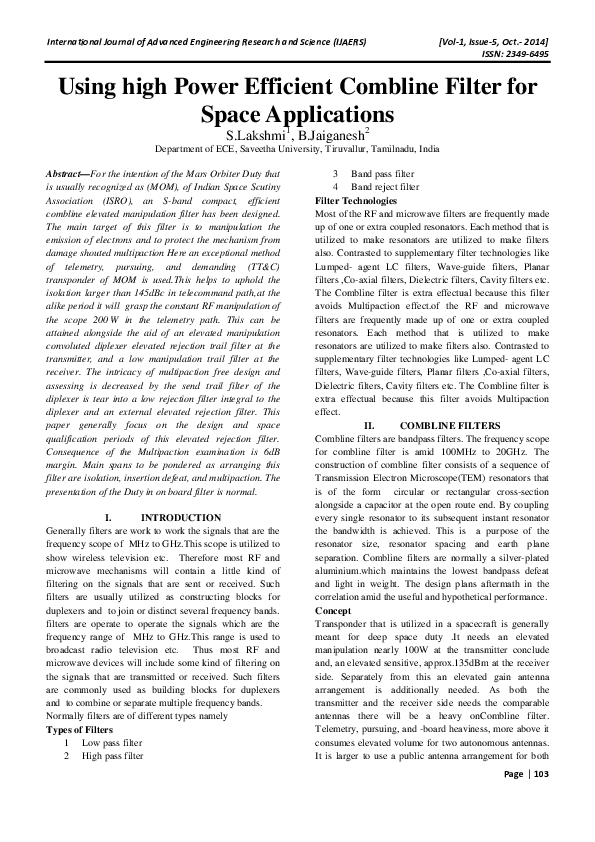(PDF) Using high Power Efficient Combline Filter for Space Applications