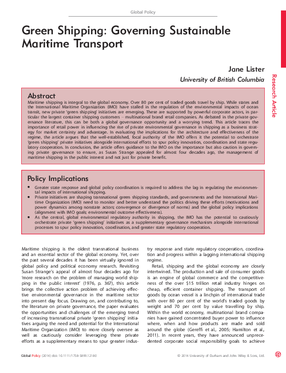 Green Shipping: Governing Sustainable Maritime Transport