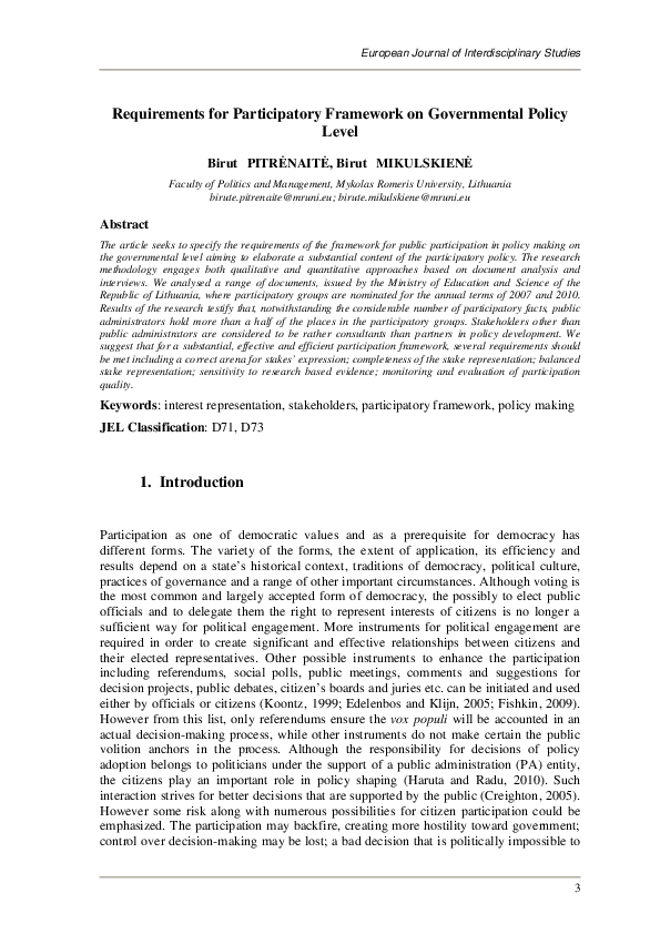 (PDF) Requirements for Participatory Framework on Governmental Policy Level