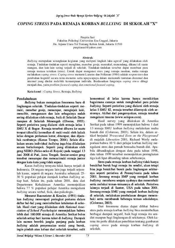 (PDF) Coping COPING STRESS PADA REMAJA KORBAN BULLYING DI SEKOLAH "X"