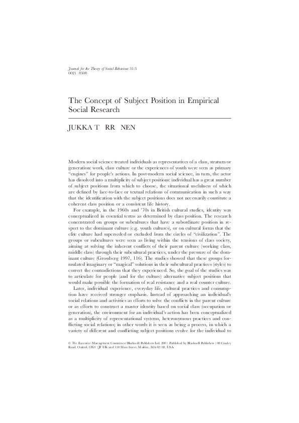 (PDF) The Concept of Subject Position in Empirical Social Research