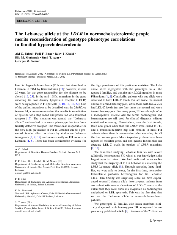 (PDF) The Lebanese allele at the LDLR in normocholesterolemic people ...