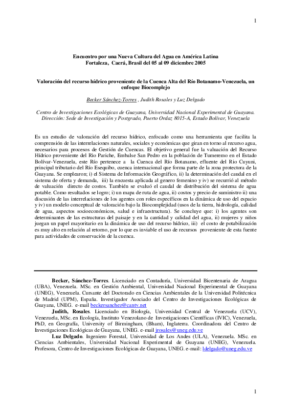 (PDF) VALORACIÓN DEL RECURSO HÍDRICO PROVENIENTE DE LA CUENCA ALTA DEL ...