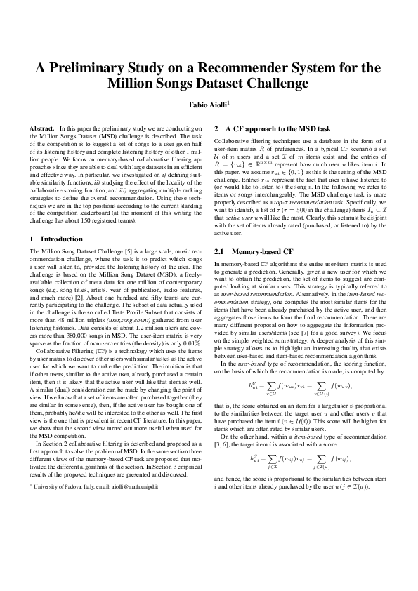 (PDF) A Preliminary Study on a Recommender System for the Million Songs ...