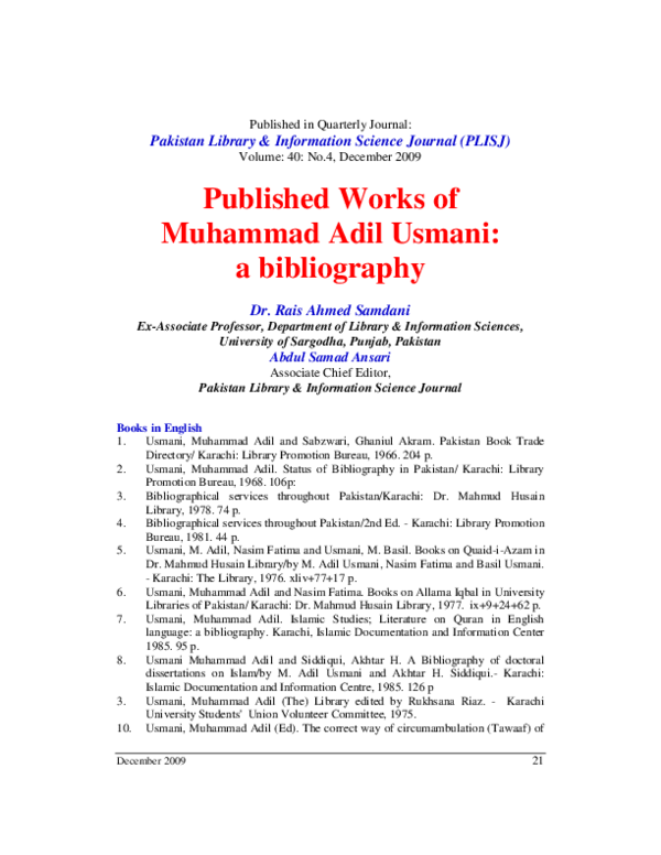 (PDF) Muhammad Adil Usmani: A Bio-Bibliographical Study