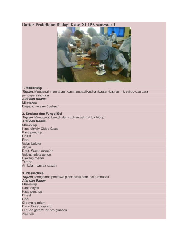 (DOC) Daftar Praktikum Biologi Kelas XI IPA semester 1