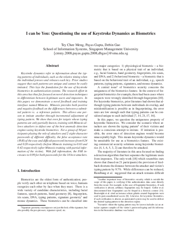 (PDF) I can be You: Questioning the use of Keystroke Dynamics as Biometrics