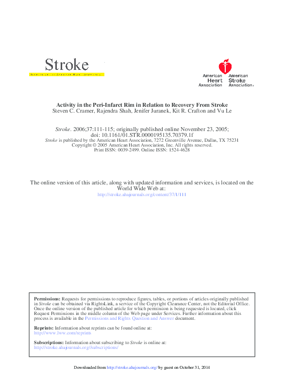 (PDF) Activity in the Peri-Infarct Rim in Relation to Recovery From Stroke