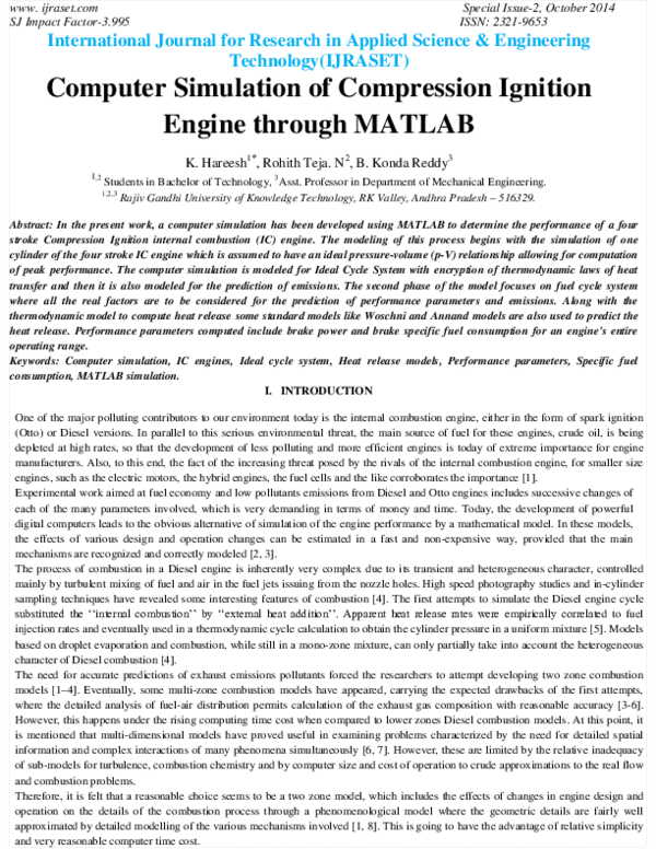 (PDF) computer simulation of Compression Ignition Engine throgh MATLAB