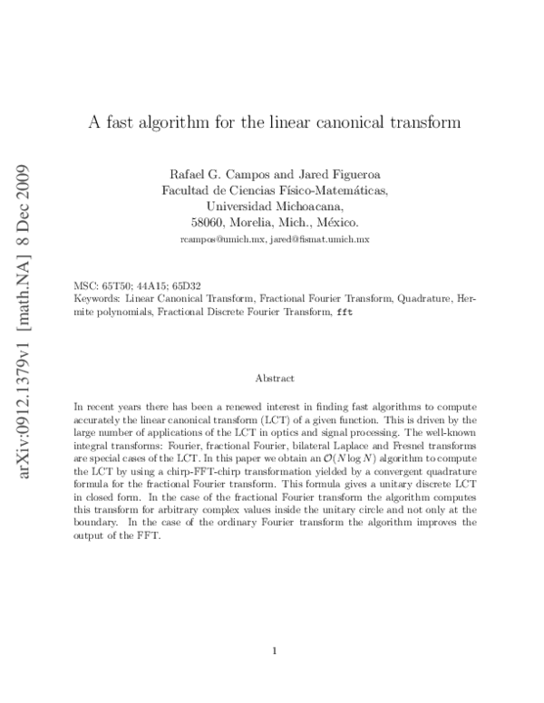 Pdf A Fast Algorithm For The Linear Canonical Transform 0376