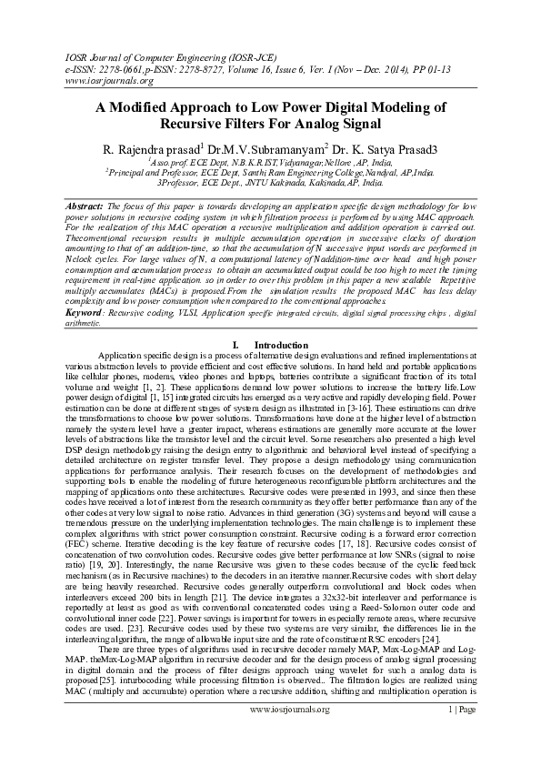 Pdf A Modified Approach To Low Power Digital Modeling Of Recursive Filters For Analog Signal