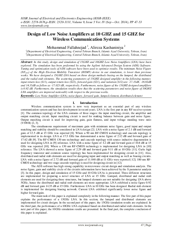 (PDF) Design of Low Noise Amplifiers at 10 GHZ and 15 GHZ for Wireless Communication Systems