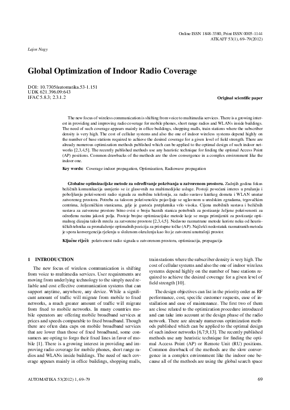 (PDF) Global Optimization of Indoor Radio Coverage Original scientific ...