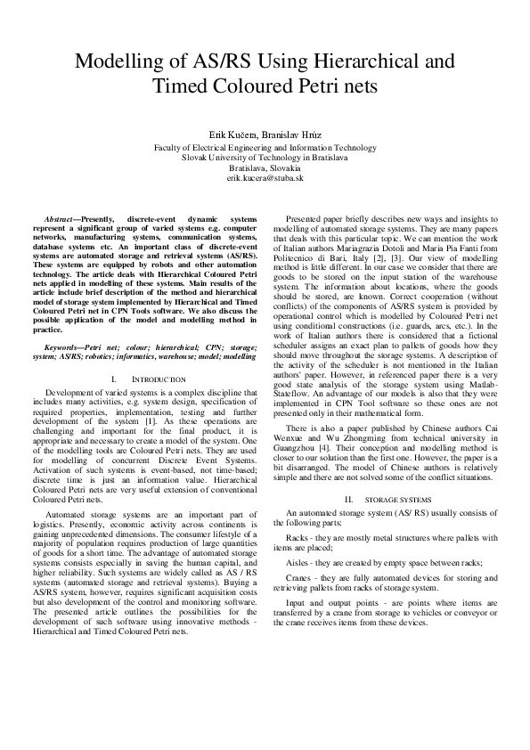(PDF) Modelling of AS/RS Using Hierarchical and Timed Coloured Petri nets