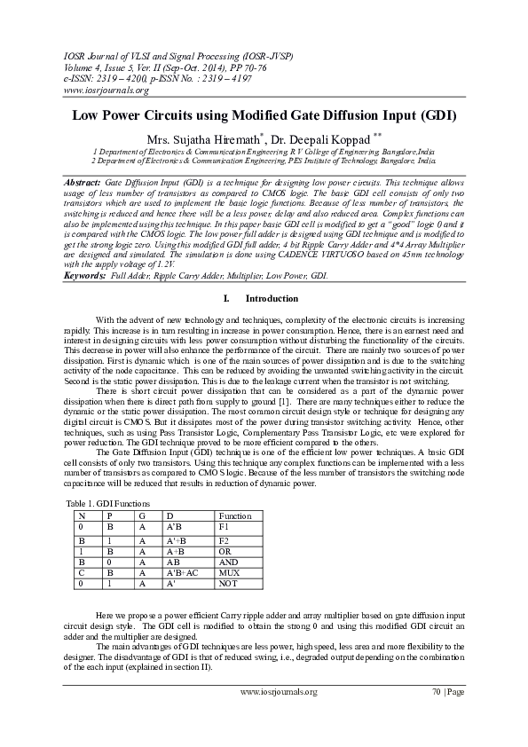 Pdf Low Power Circuits Using Modified Gate Diffusion Input Gdi
