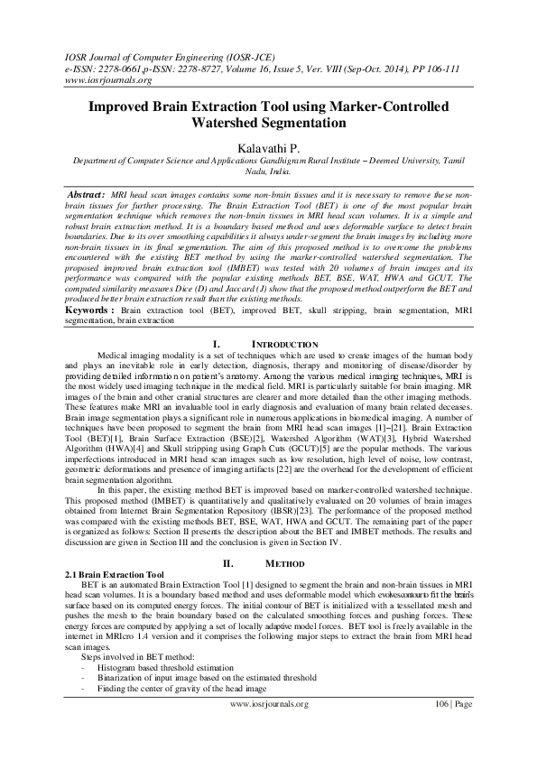 Pdf Improved Brain Extraction Tool Using Marker Controlled Watershed