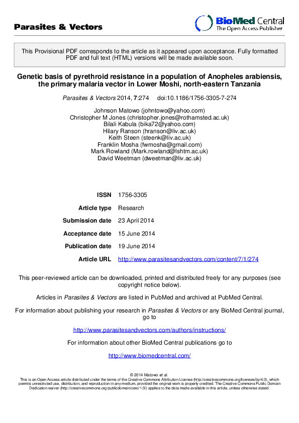 (PDF) Genetic basis of pyrethroid resistance in a population of Anopheles arabiensis, the ...