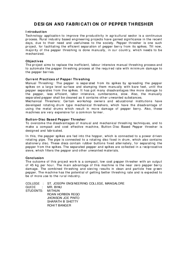 (PDF) DESIGN AND FABRICATION OF PEPPER THRESHER