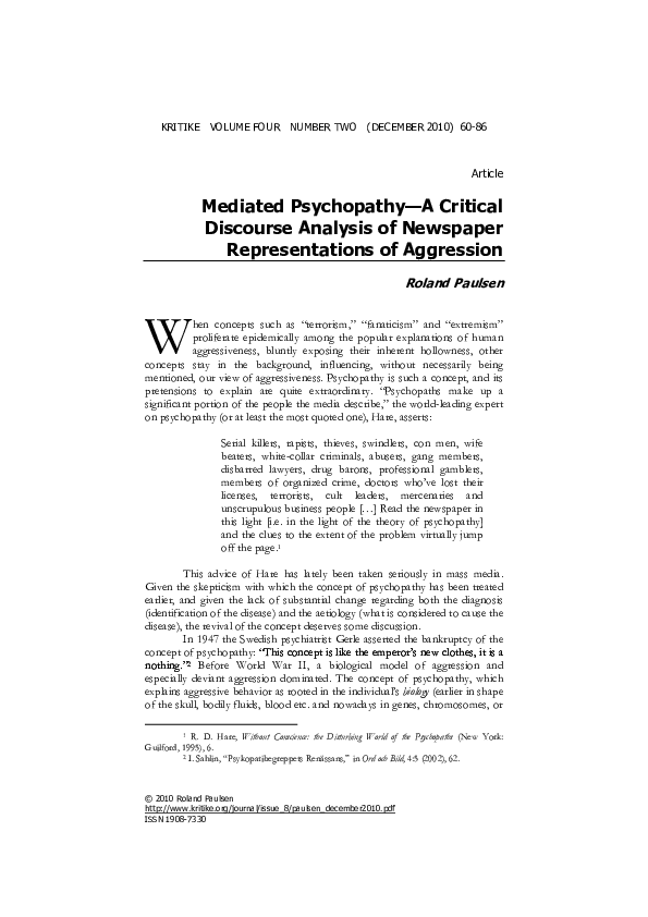 (PDF) Mediated Psychopathy: A Critical Discourse Analysis of Newspaper ...