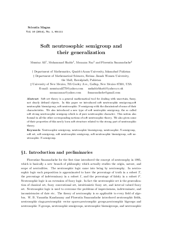 (PDF) Soft Neutrosophic Semigroups and their Generalization