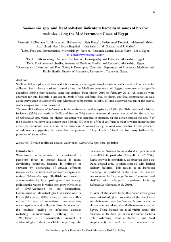 Pdf Salmonella Spp And Fecal Pollution Indicators Bacteria In Zones