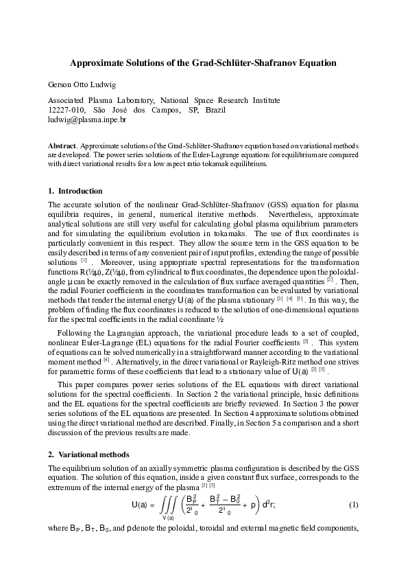 Pdf Approximate Solutions Of The Grad Schlüter Shafranov Equation