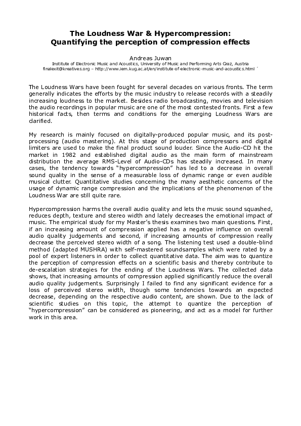 (PDF) Loudness War & Hypercompression. Quantifying the perception of compression effects.