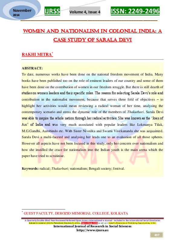 (PDF) WOMEN & NATIONALISM IN INDIA: A CASE STUDY OF SARALA DEVI
