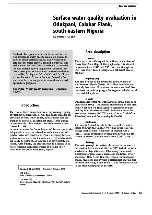 (PDF) Surface water quality evaluation in Odukpani, Calabar Flank ...