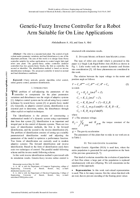 (PDF) Genetic-Fuzzy Inverse Controller for a Robot Arm Suitable for On ...