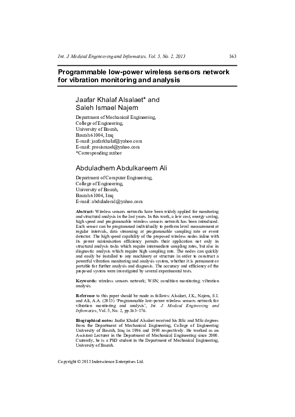 Pdf Programmable Low Power Wireless Sensors Network For Vibration Monitoring And Analysis