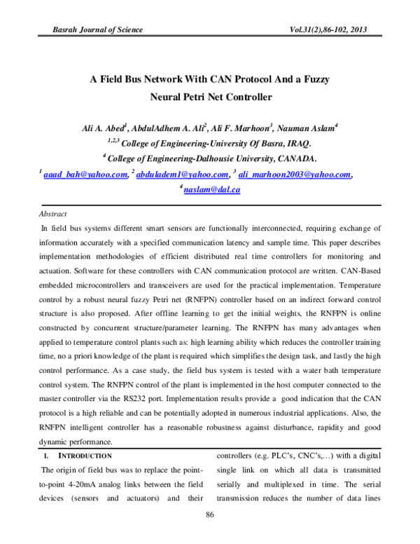 (PDF) A Field Bus Network With CAN Protocol And a Fuzzy Neural Petri Net Controller