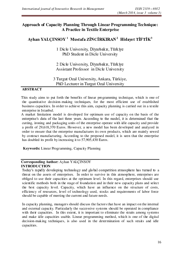 Pdf Approach Of Capacity Planning Through Linear Programming