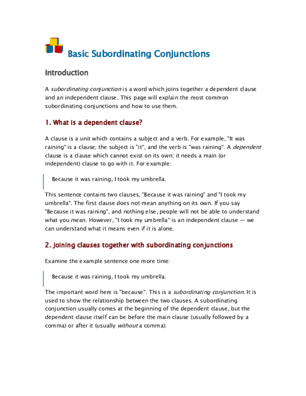 (DOC) Basic Subordinating Conjunctions Introduction