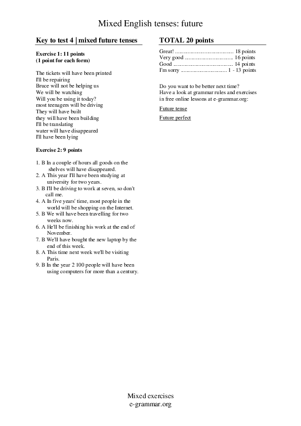 (PDF) Mixed English tenses: future Mixed exercises TOTAL 20 points