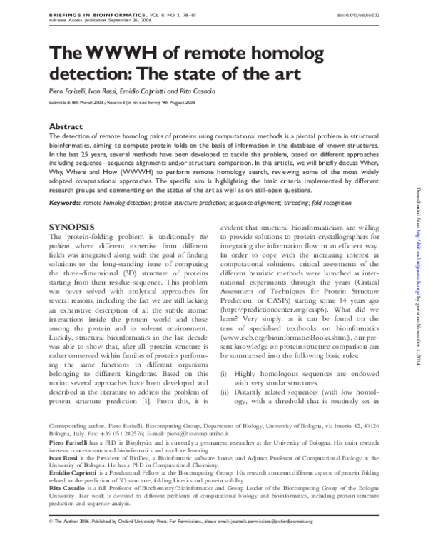 (PDF) The WWWH of remote homolog detection: The state of the art