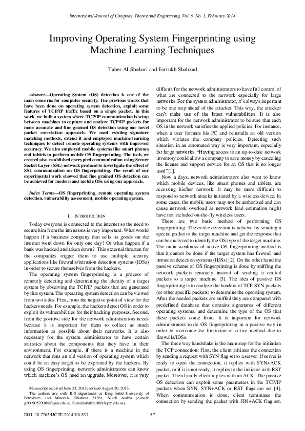 (PDF) Improving Operating System Fingerprinting using Machine Learning Techniques