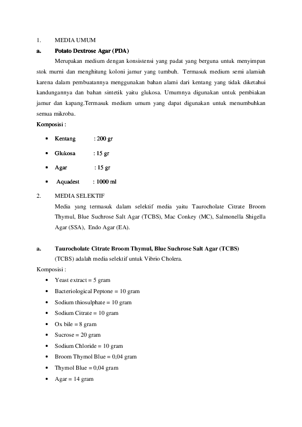 (DOC) MEDIA UMUM a. Potato Dextrose Agar (PDA