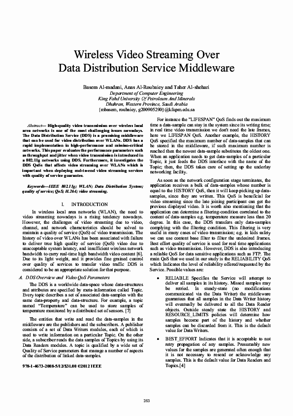 (PDF) Wireless Video Streaming Over Data Distribution Service Middleware