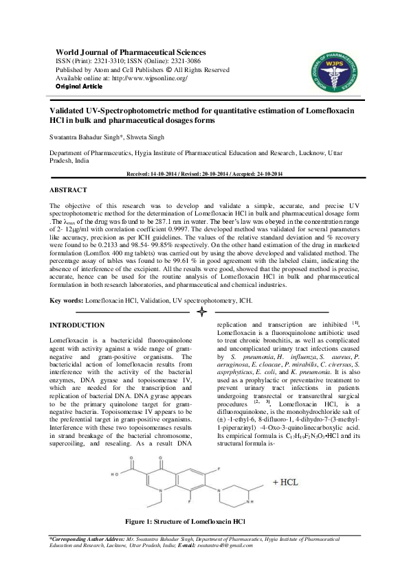 Pdf Validated Uv Spectrophotometric Method For Quantitative Estimation Of Lomefloxacin Hcl In