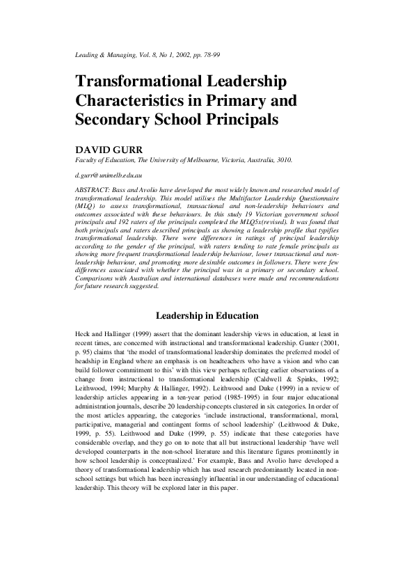 (PDF) Gurr, D. (2002). Transformational Leadership Characteristics in ...