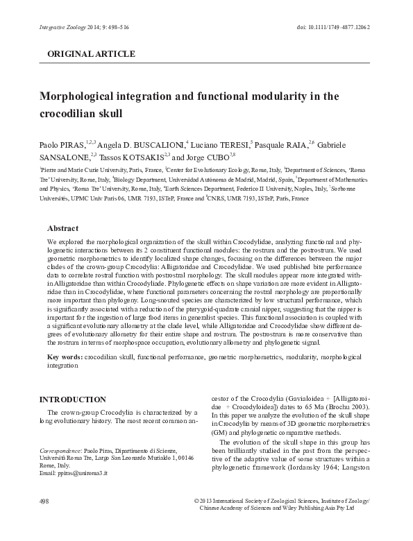 (PDF) Morphological integration and functional modularity in the crocodilian skull