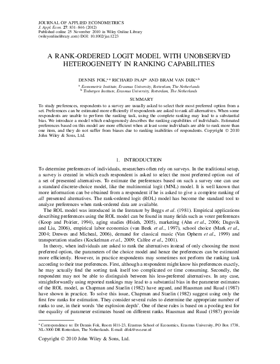 (PDF) A RANK‐ORDERED LOGIT MODEL WITH UNOBSERVED HETEROGENEITY IN ...