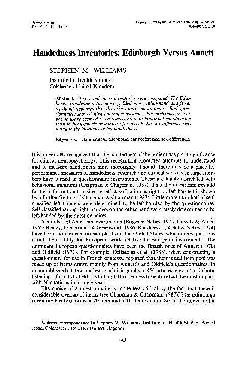 (PDF) Handedness Inventories: Edinburgh Versus Annett